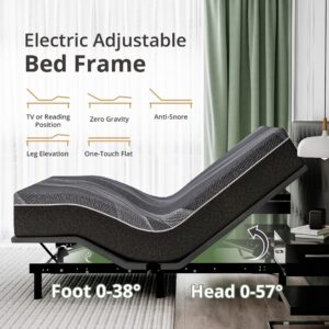 Dyonery Twin XL Adjustable Bed Base Frame with Wireless Remote + 14 Inch Twin XL Gel Memory Foam Mattress Bed in a Box, Head and Foot Incline, Zero Gravity, Fiberglass Free, 80" × 38"