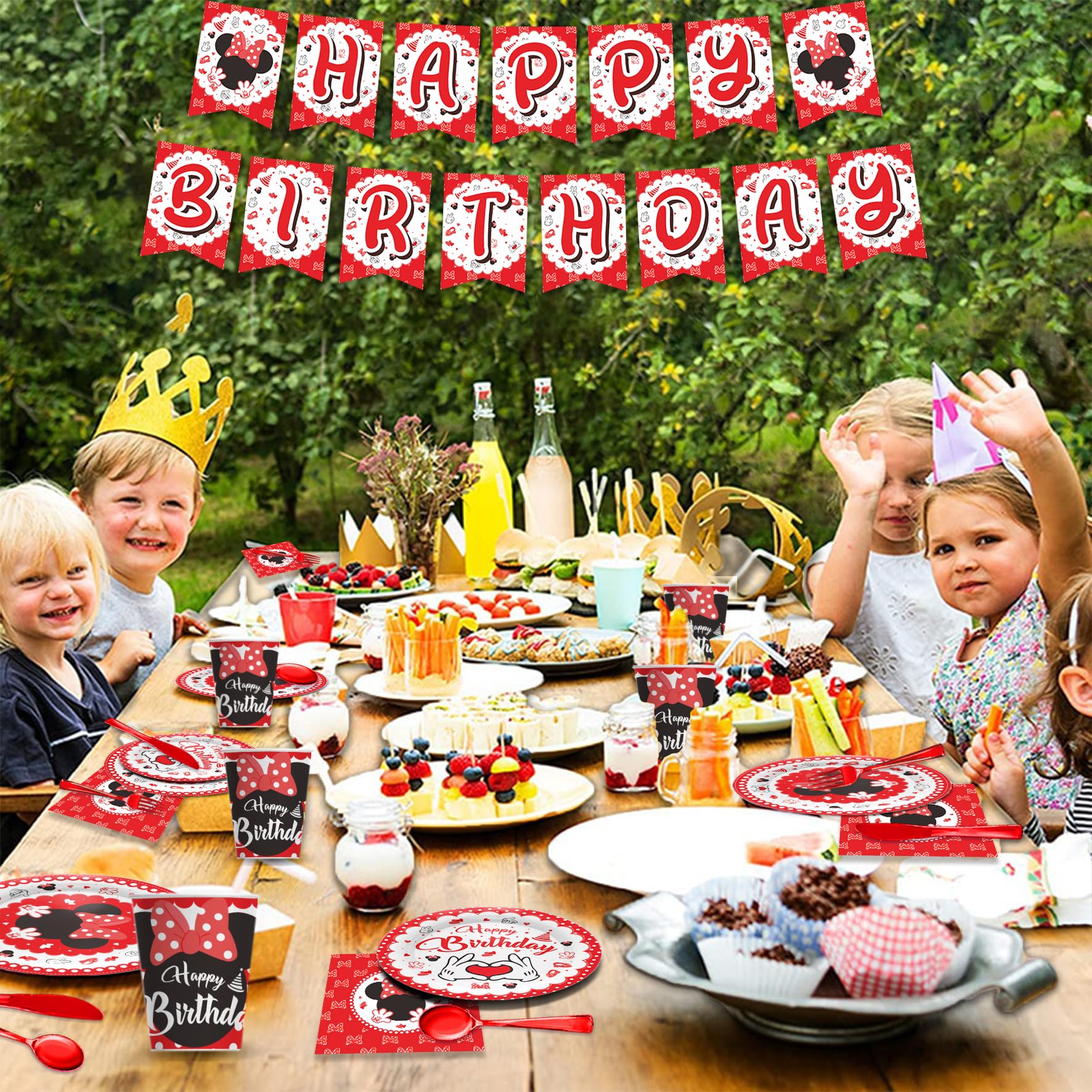 Piooluialy Red Minnie Birthday Party Supplies Tableware - Minnie Themed Party Decorations Include Banner, Dinner Plates, Cups, Napkins, Cutlery, for Minnie Birthday Party Decorations | 24 Guests