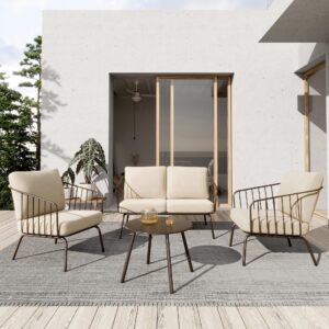 east oak 4-piece plaza patio furniture set, outdoor furniture with thick cushion sofa and coffee table, modern patio conversation set for garden, backyard and porch, brown & beige