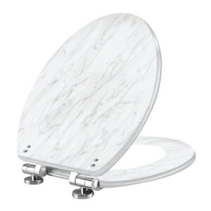 3D horizontal elegant white marble texture background Resin Elongated Toilet Seat with Cover Quiet Close Quick Release Hinges Decorative Toilet Seat Easy to Clean Install Home Decor