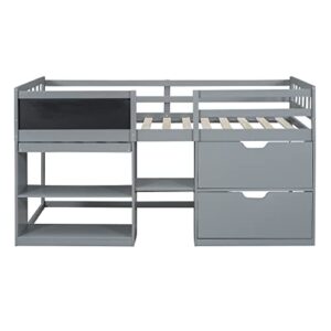 BOVZA Twin Size Low Loft Bed with Rolling Desk and Storage Shelves, Wooden Loft Bed Frame with 2 Drawers and Chalkboard for Kids Teens Boys Girls, Gray