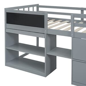 BOVZA Twin Size Low Loft Bed with Rolling Desk and Storage Shelves, Wooden Loft Bed Frame with 2 Drawers and Chalkboard for Kids Teens Boys Girls, Gray