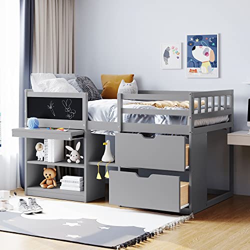 BOVZA Twin Size Low Loft Bed with Rolling Desk and Storage Shelves, Wooden Loft Bed Frame with 2 Drawers and Chalkboard for Kids Teens Boys Girls, Gray