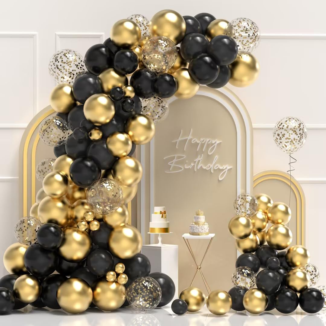 Black and Gold balloons Arch Garland Kit, 100pcs Black Gold Confetti Balloons with 16ft Tape Strip & Dot Glue for Graduation Birthday Baby Shower Wedding Party Decorations