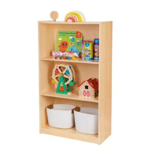 oook 3 tier montessori toy shelf and bookcase, display cabinet, toy organizers and storage with anti tipping settings, wooden book shelf for kids rooms, classroom, playroom, nursery, school