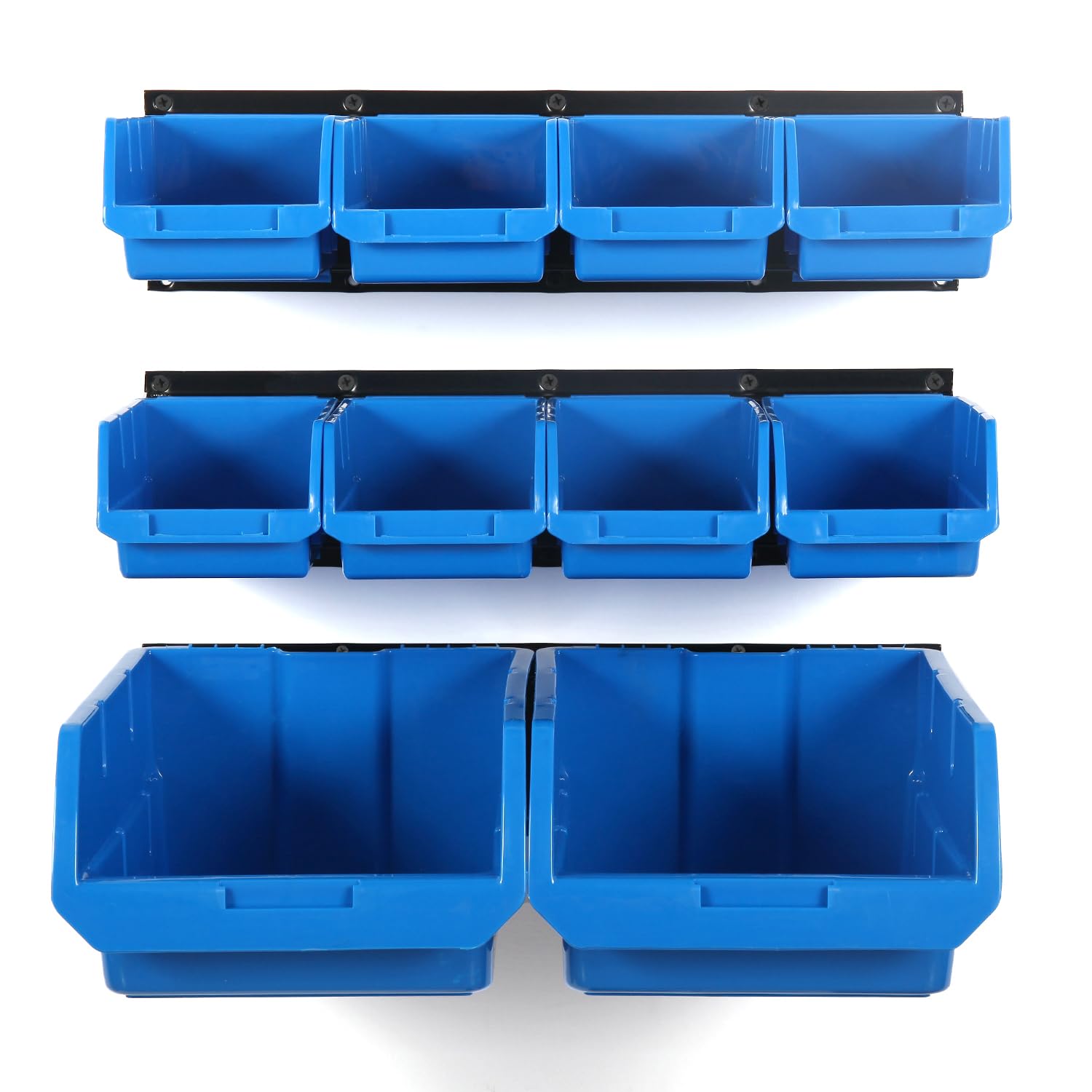 Wallmaster Wall Mounted Storage Bins, Wall Storage Bins Parts Rack 10 Bins&3 Rails Wall Mount Tool Organizer Hardware Storage Organizer (Blue)