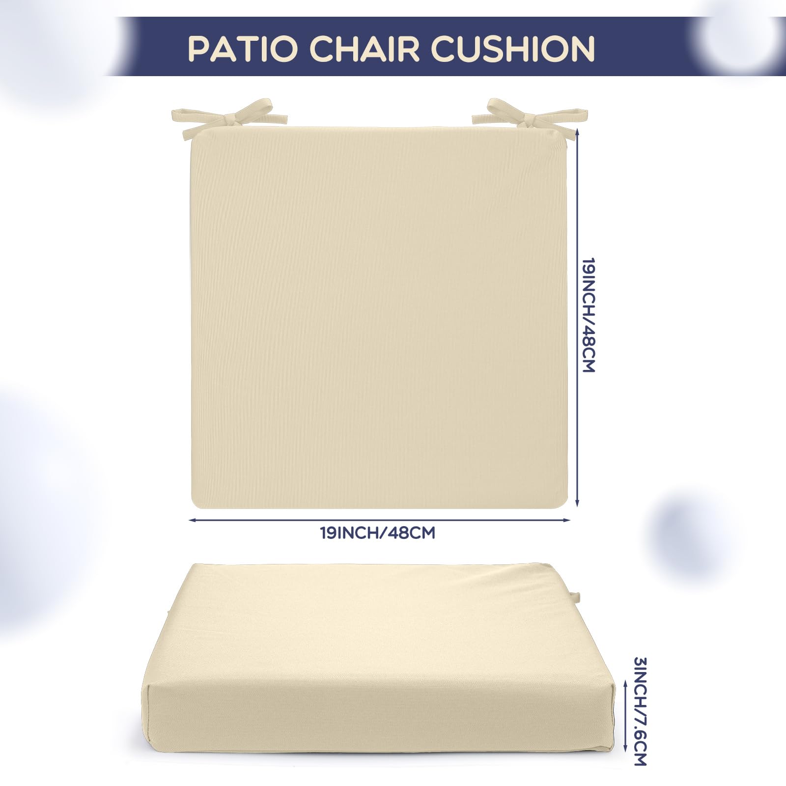 Preboun 6 Pack Outdoor Chair Cushions, 19" x 19" x 3" Patio Chair Cushion Waterproof Outdoor Seat Cushions with Ties Replacement Chair Pad for Patio Furniture Garden Sofa Couch Chair Pads (Beige)