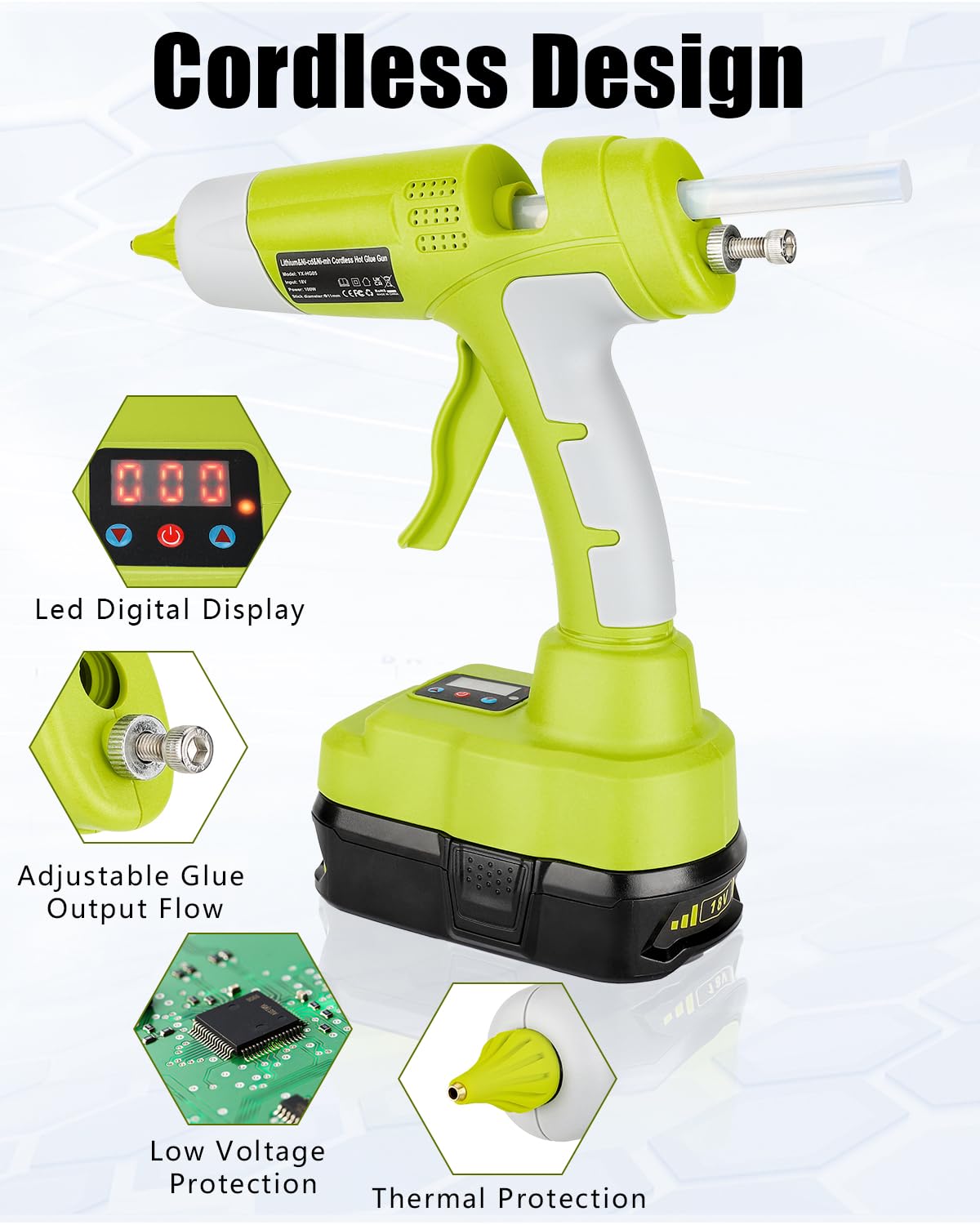 Taingwei Cordless Hot Glue Gun Kit for Ryobi 18v Battery,100W LED Digital Hot Melt Glue Gun with 10pcs 0.43'' Hot Glue Sticks for Home Repair, Arts & Crafts (Battery not included)