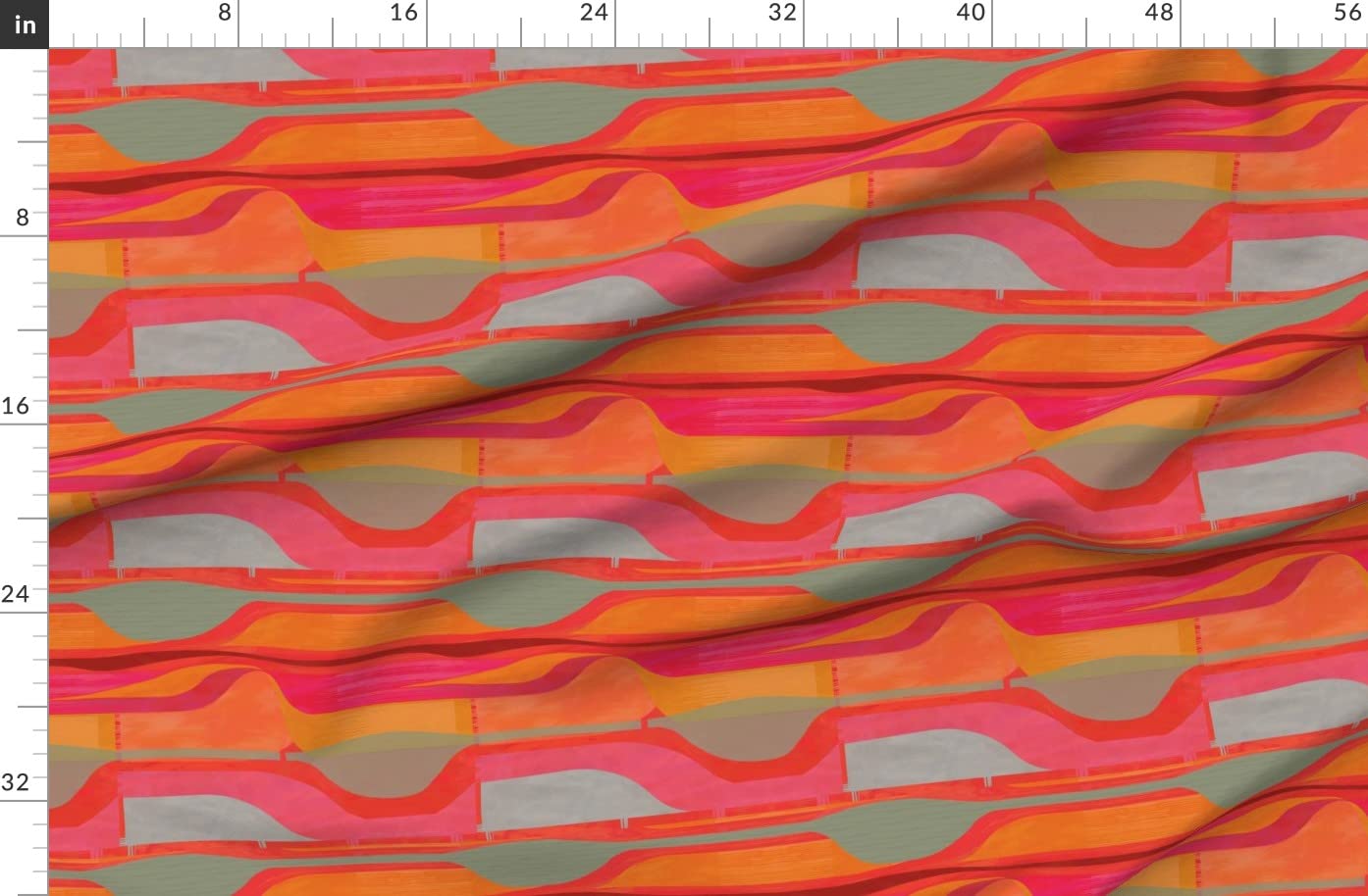 Spoonflower Fabric - Mid Century Corals Red Orange Coral Gray Modern Art Abstract Sunset Printed on Denim Fabric by The Yard - Bottomweight Apparel Home Decor Upholstery