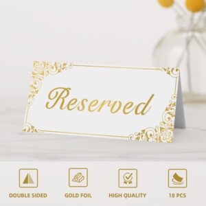 18 Pack Gold Reserved Table Signs for Wedding Party Restaurant - Double Sided Gold Reserved Signs for Tables Chairs - White Paper Reserved Table Tent Card - Wedding Accessories- Place Cards for Event