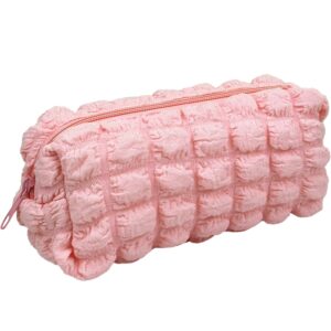 onedigi makeup bag checkered cosmetic bag plush makeup pouch 1pcs large capacity makeup bags puffer pencil pouch checkered pencil case for teenage girls (pink)