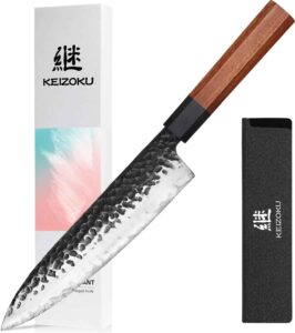 keizoku gyuto chef knife, japanese chefs knife 8 inch, ultra sharp 3 layers 9cr18mov high carbon steel kitchen knives, professional hand hammered cooking knife (8 inch chef knife)