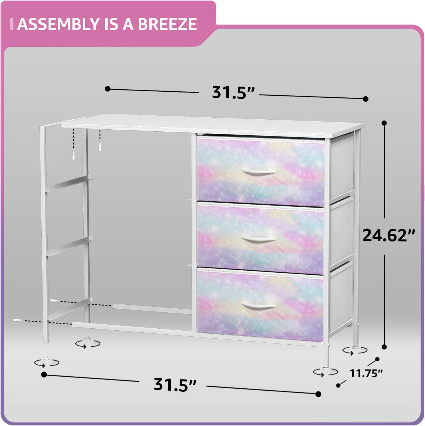 Sorbus Kids Dresser with 6 Drawers - Storage Chest Organizer Nightstand - Steel Frame, Wood Top, Tie-Dye Fabric Bins for Clothes - Wide Furniture for Bedroom, Hallway, Nursery, Closet, & Apartment