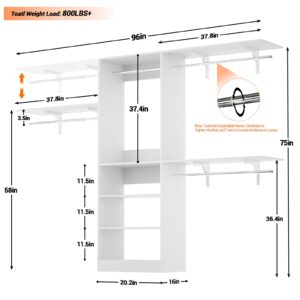 iSunirm 8FT Closet System with Shelves, 96'' Closet Organizer System with 3 Hanging Rods, Wall Mount Bedroom Wardrobe Walk-in Closet, Adjustable Cloth Garment Rack from 5 to 8FT (Cut to Fit), White