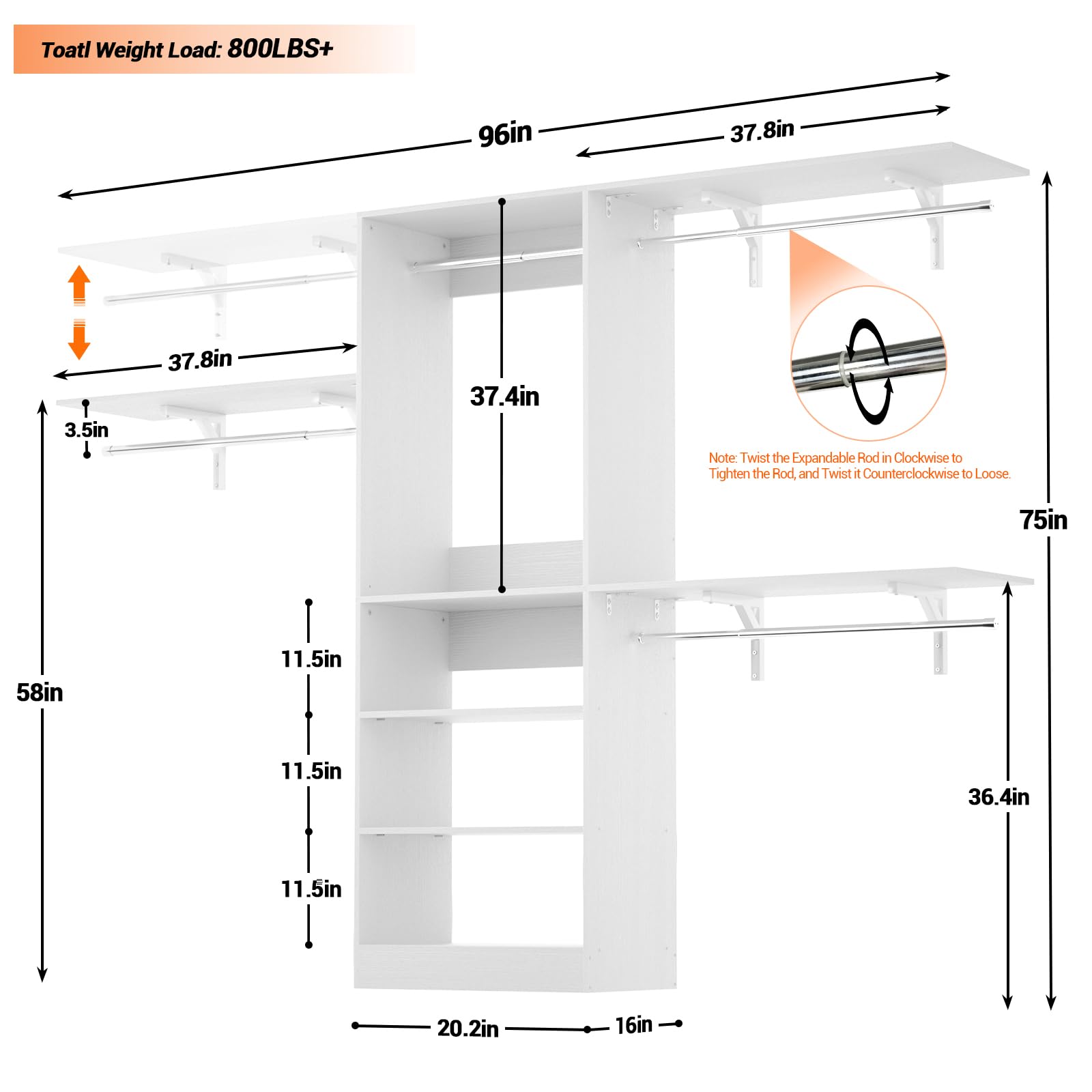 iSunirm 8FT Closet System with Shelves, 96'' Closet Organizer System with 3 Hanging Rods, Wall Mount Bedroom Wardrobe Walk-in Closet, Adjustable Cloth Garment Rack from 5 to 8FT (Cut to Fit), White