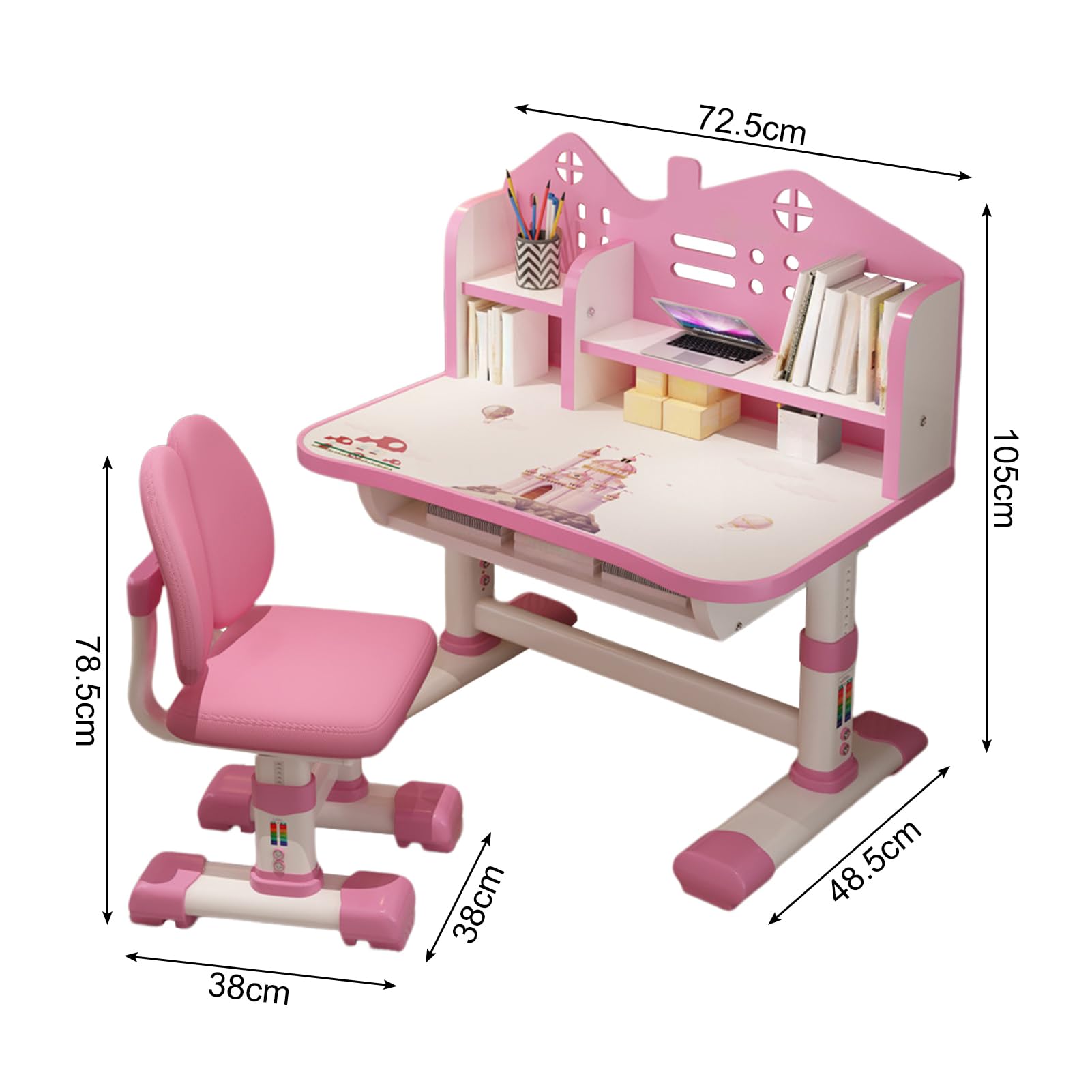 Children Learning Desk and Chair Set Pink Desk Set Height Adjustable with Drawers and Storage Compartments Curved Desktop Cartoon Learning Desks and Chairs Reading/Learning/Writing for Girls (Pink)