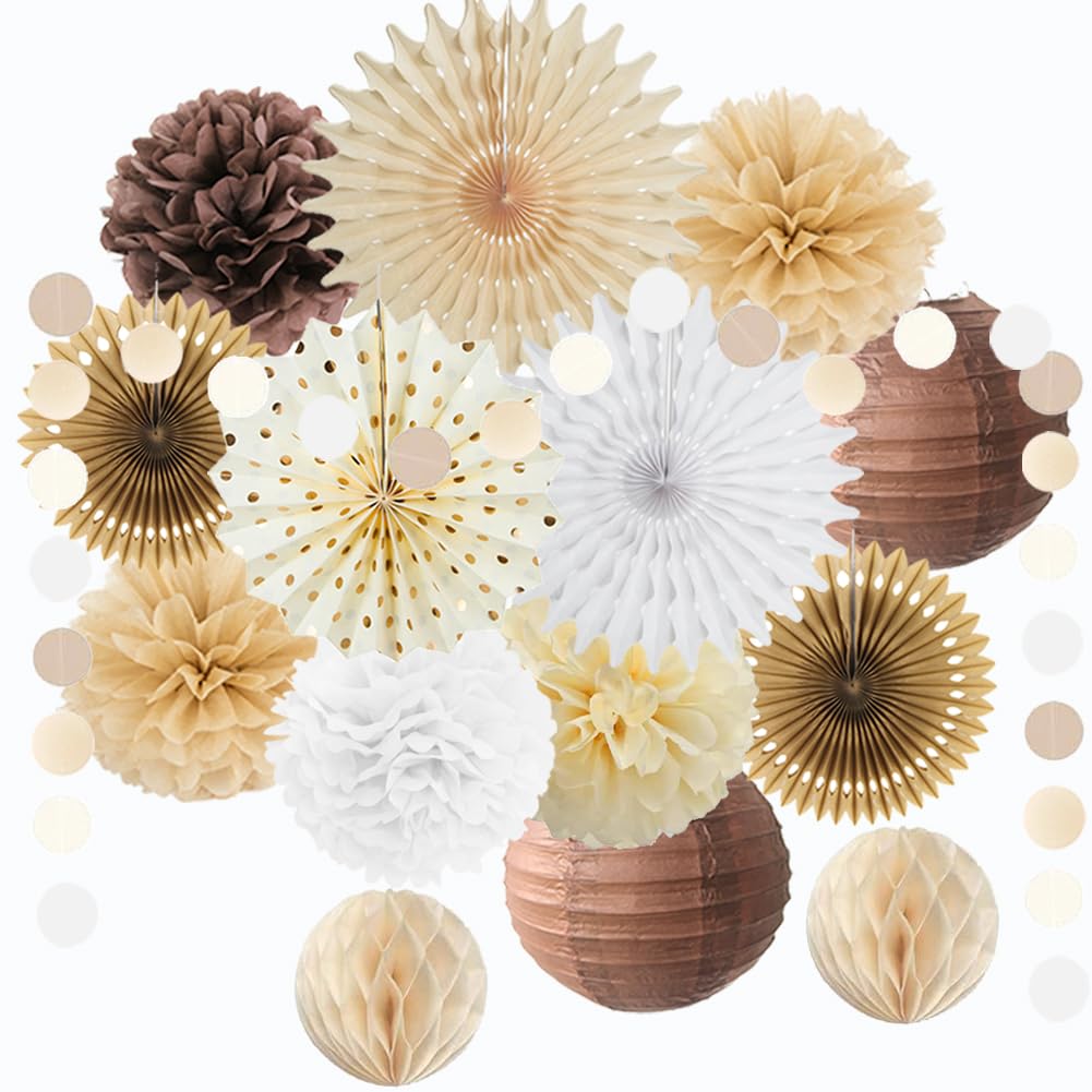 Brown Party Decorations Neutral Party Decorations Brown Paper Fans Beige White Boho Tissue Paper Pom Poms Paper Lanterns Circle Dots Garland for Rustic Birthday Wedding Bridal Shower Fall Party Decor