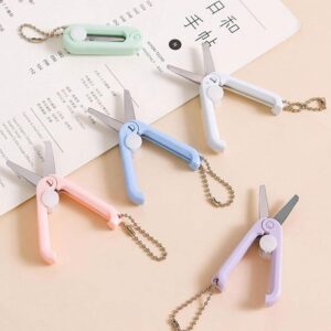 White Folding Scissors Safe Portable Travel Scissors Foldable Telescopic Cutter Pocket Mini Scissor with Keychain Craft Scissors for Cutting, Scrapbooking, Crafting, Sewing