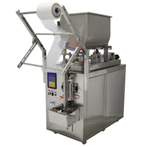 preasion automatic liquid paste filling packaging sealing machine 10-100ml with mix hopper for vinegar sauce salsa sauce stainless steel three sides sealing 3inch wide