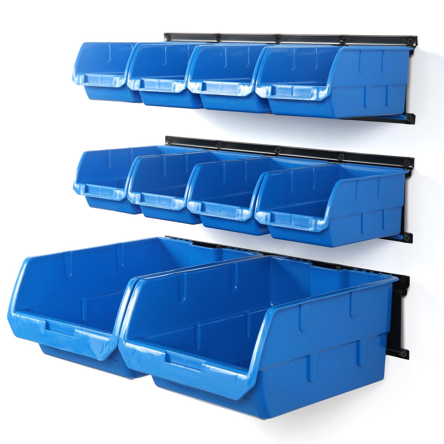 Wallmaster Wall Mounted Storage Bins, Wall Storage Bins Parts Rack 10 Bins&3 Rails Wall Mount Tool Organizer Hardware Storage Organizer (Blue)