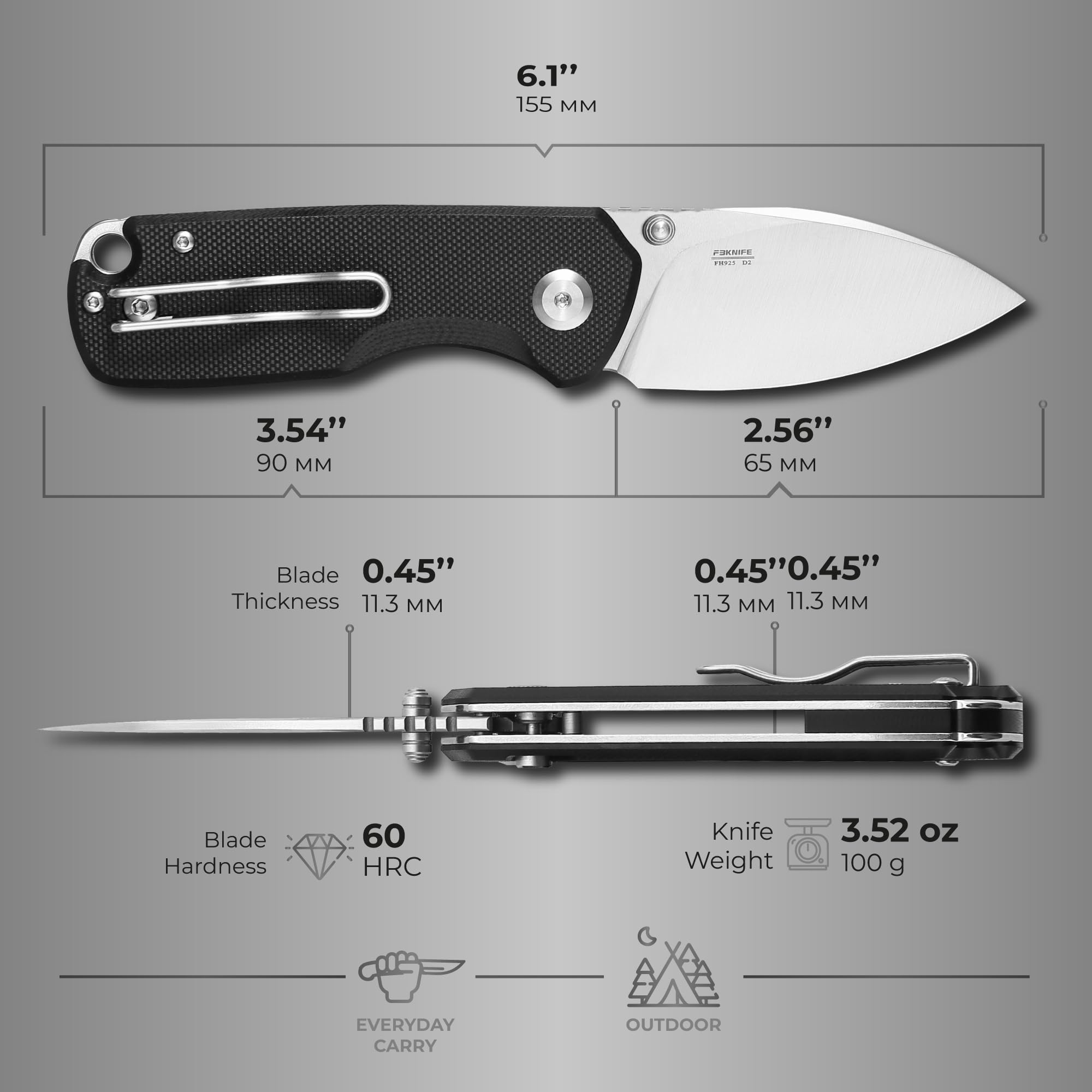 Firebird GANZO FH925-BK Small Pocket Folding Knife Button Lock D2 Steel Blade G10 Anti-Slip Handle with Clip Camping Outdoor EDC Utility Knife Best Gift for Men Women (Black)