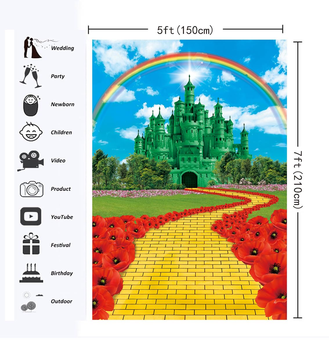 Green Castle Yellow Brick Road Backdrop for Party Decorations 5x7FT Rainbow Floral Castle Gold Brick Road Photography Background Baby Shower Princess Party Decorations Supplies