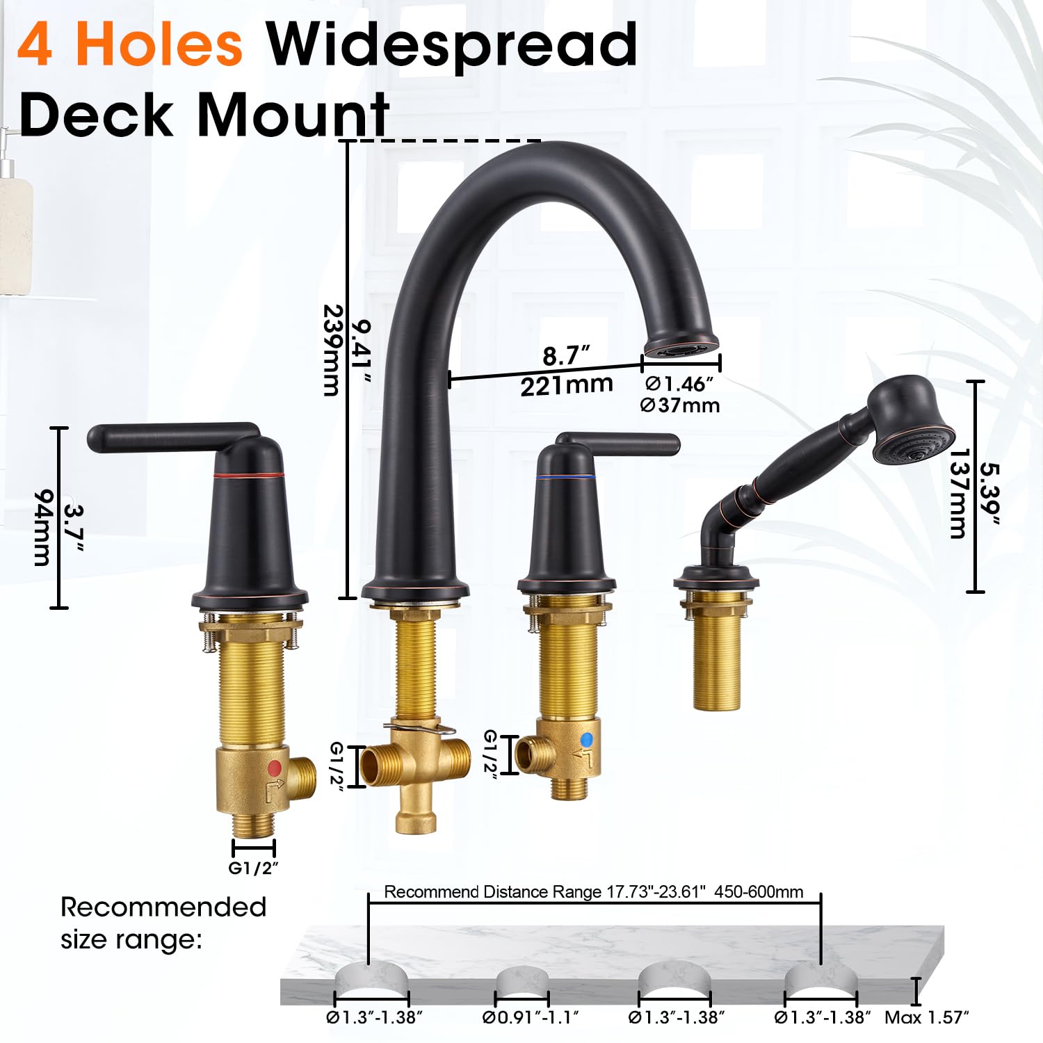 Wintap Roman Bathtub Faucet with Hand Shower and Brass Valve 4 Hole Widespread Bath Tub Faucet Set High Flow Tub Faucets Classic High Arch Tub Filler Oil Rubbed Bronze 9808ORB