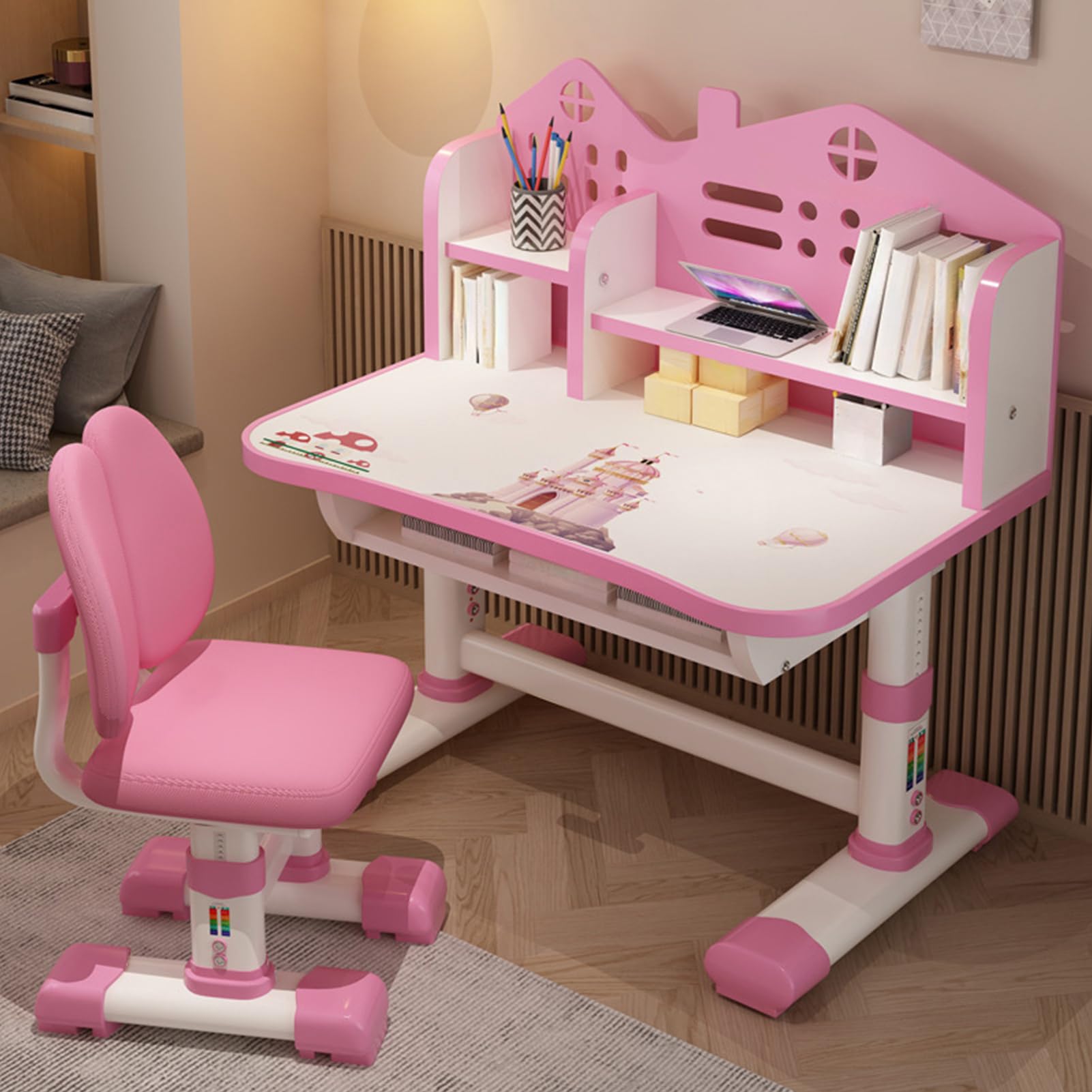 Children Learning Desk and Chair Set Pink Desk Set Height Adjustable with Drawers and Storage Compartments Curved Desktop Cartoon Learning Desks and Chairs Reading/Learning/Writing for Girls (Pink)