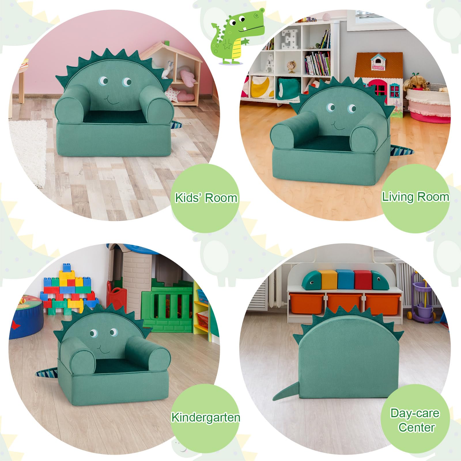 Costzon Kids Couch, Children's Sofa Armchair with Washable Velvet Cover & Soft Sponge Filling, Upholstered Sofa Chair for Boys Girls, Preschool Bedroom Playroom Gift Presents, Toddler Couch (Dinosaur)