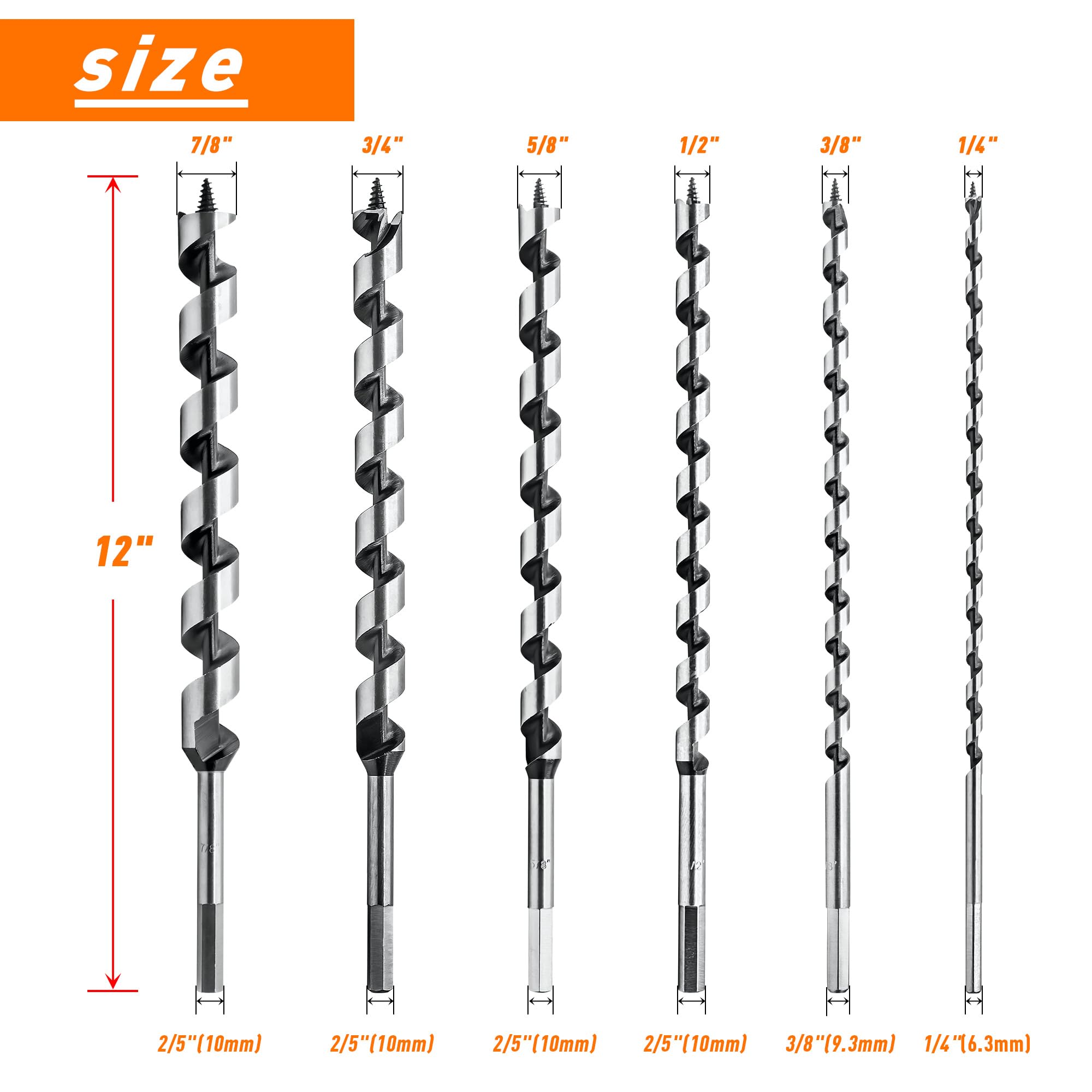 NICAVKIT 6Pcs 12-Inch Long Auger Drill Bit Set for Wood, 1/4"-7/8" Inch Hex Shank Ship Auger Drill Bit for Soft and Hard Wood, Plastic, Drywall and Composite Materials