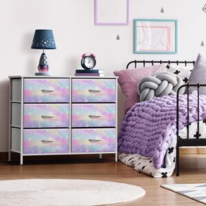 Sorbus Kids Dresser with 6 Drawers - Storage Chest Organizer Nightstand - Steel Frame, Wood Top, Tie-Dye Fabric Bins for Clothes - Wide Furniture for Bedroom, Hallway, Nursery, Closet, & Apartment