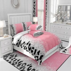 Ombre Pink (Not Glitter) Bedding Set Twin Size Pink Black Leopard Glitter 100% Cotton Duvet Cover Glam Glitter Art Prints Comforter Cover Black Leopard Silver Shiny Glitter Bedspread Cover 2Pcs