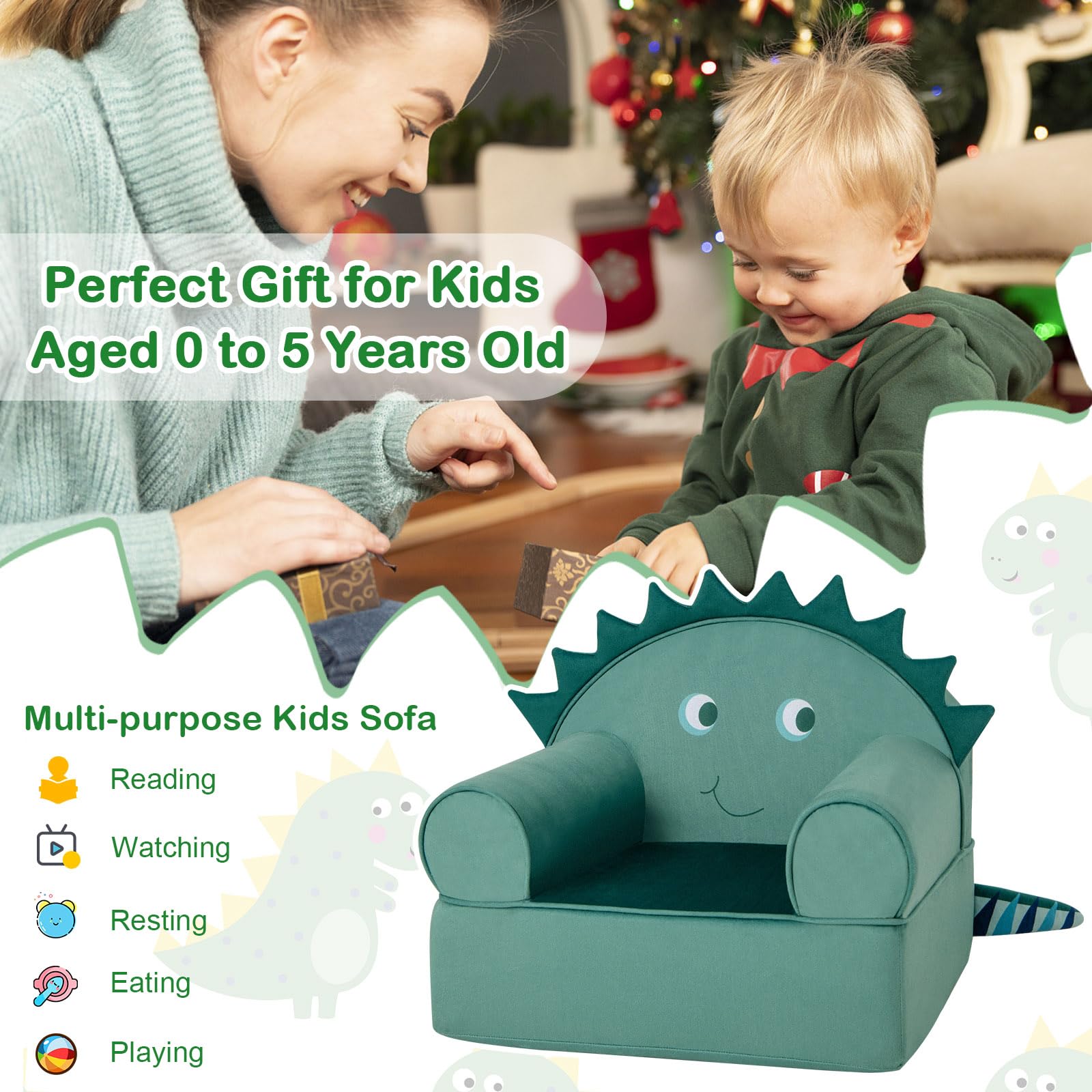 Costzon Kids Couch, Children's Sofa Armchair with Washable Velvet Cover & Soft Sponge Filling, Upholstered Sofa Chair for Boys Girls, Preschool Bedroom Playroom Gift Presents, Toddler Couch (Dinosaur)