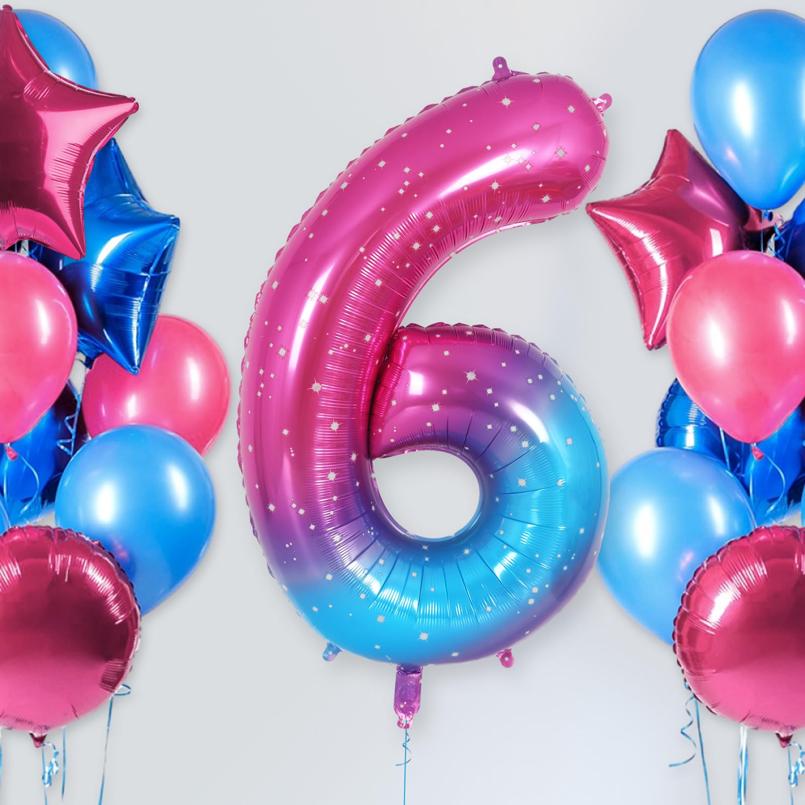 Pink Blue Number 6 Balloon, Large Foil Helium Gradient Rainbow Number Balloons, Big Mylar Number 6 Balloons for 6 Year Old Birthday Party Decorations Supplies Anniversary