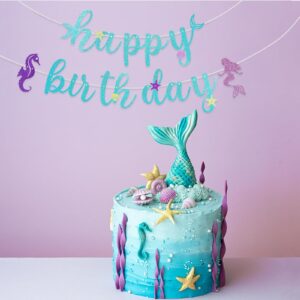 Pre-Strung Glitter Mermaid Birthday Banner, NO DIY, Little Mermaid Birthday Decorations, Mermaid Banner, Little Mermaid Party Decoration for Girls,Boys,Kids Baby Shower etc.