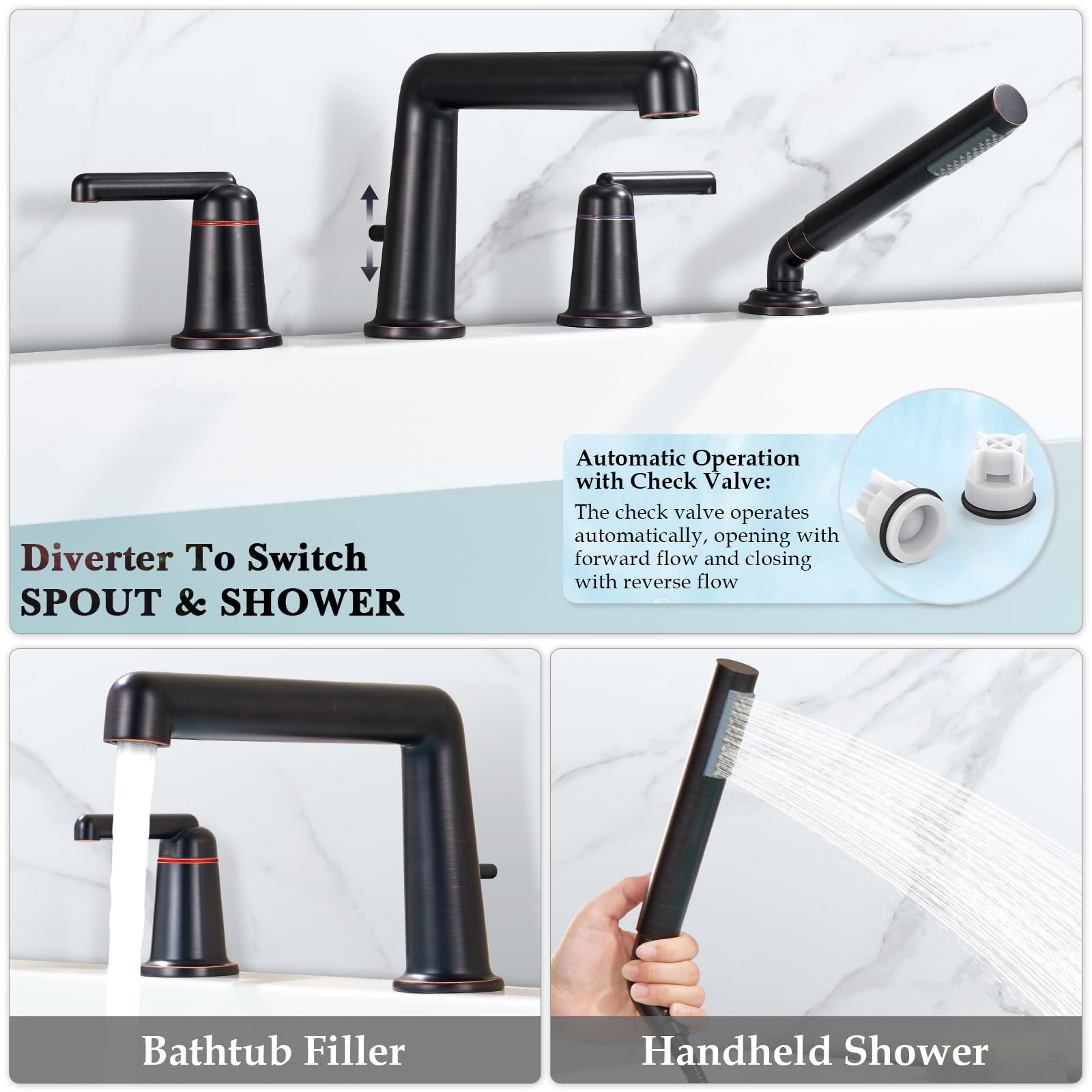 Widespread Roman Bathtub Faucet Set with Handheld Sprayer and Valve, Tub Filler in Oil Rubbed Bronze Roman Tub Faucet with Hand Shower Tub 4 Hole Deck-Mount Brass Tub Faucet