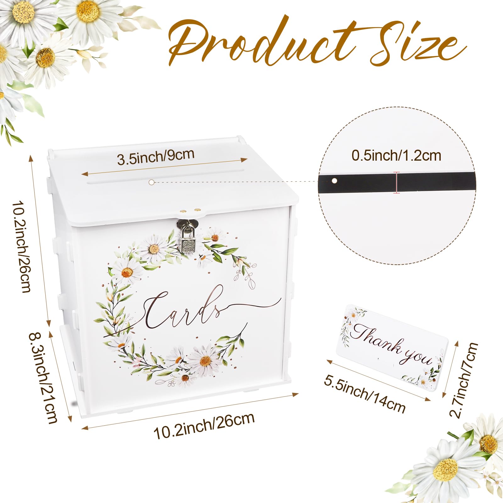 CYAOOI White Wedding Card Box with Lock, PVC Money Envelope Card Box for Wedding Reception, Daisy Pattern Gift Card Box Holder for Graduation Party Birthday Baby Shower Decorations