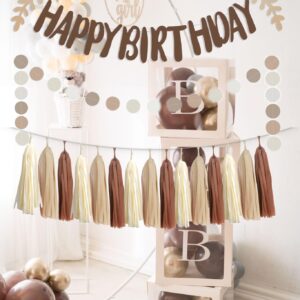 Brown Tan Boho Happy Bithday Sign Banner Gender Neutral Beige Party Tassel Garland Nude Circle Dot Hanging Paper Streamers Backdrop Teddy Bear 1st 2nd Birthday Party Nursery Décor