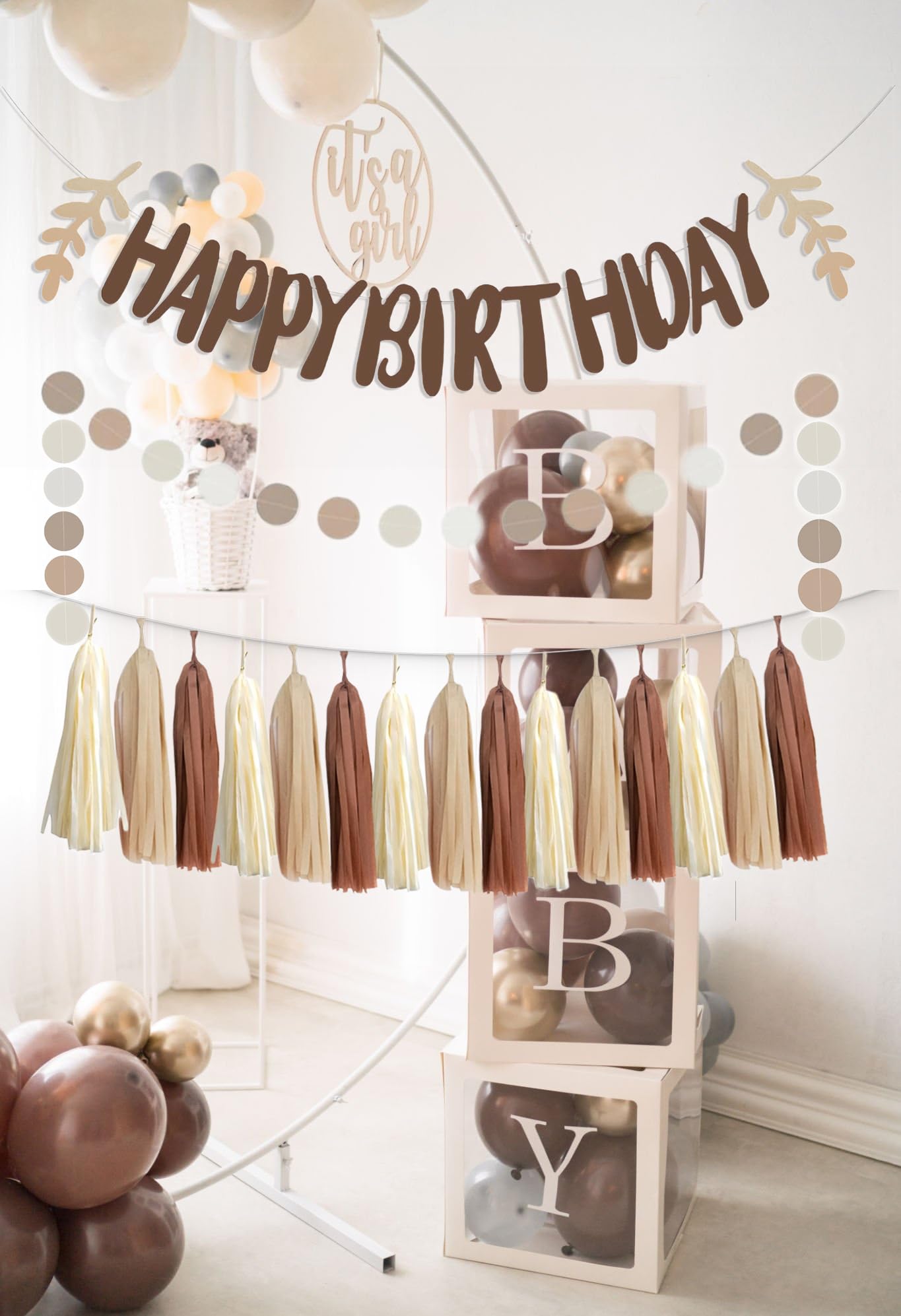 Brown Tan Boho Happy Bithday Sign Banner Gender Neutral Beige Party Tassel Garland Nude Circle Dot Hanging Paper Streamers Backdrop Teddy Bear 1st 2nd Birthday Party Nursery Décor