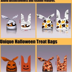 KOCOVIMI 100Pcs Halloween Trick or Treat Bags, 4 Style Patented Appearance Halloween Candy Bags for Kids, Cute Rabbit Ear Halloween Treat Bags Goody Bags Cookie Bags for Halloween Party