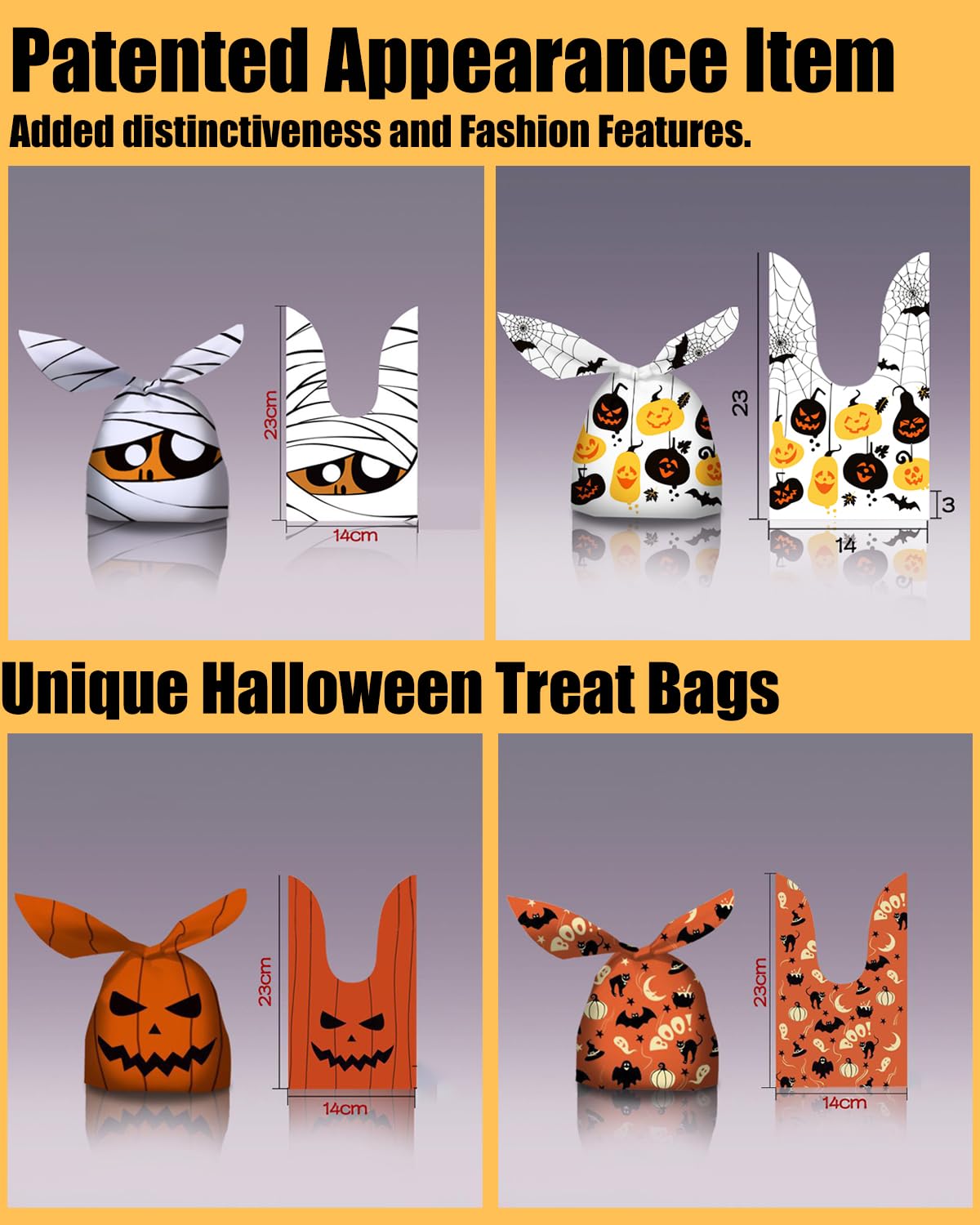 KOCOVIMI 100Pcs Halloween Trick or Treat Bags, 4 Style Patented Appearance Halloween Candy Bags for Kids, Cute Rabbit Ear Halloween Treat Bags Goody Bags Cookie Bags for Halloween Party