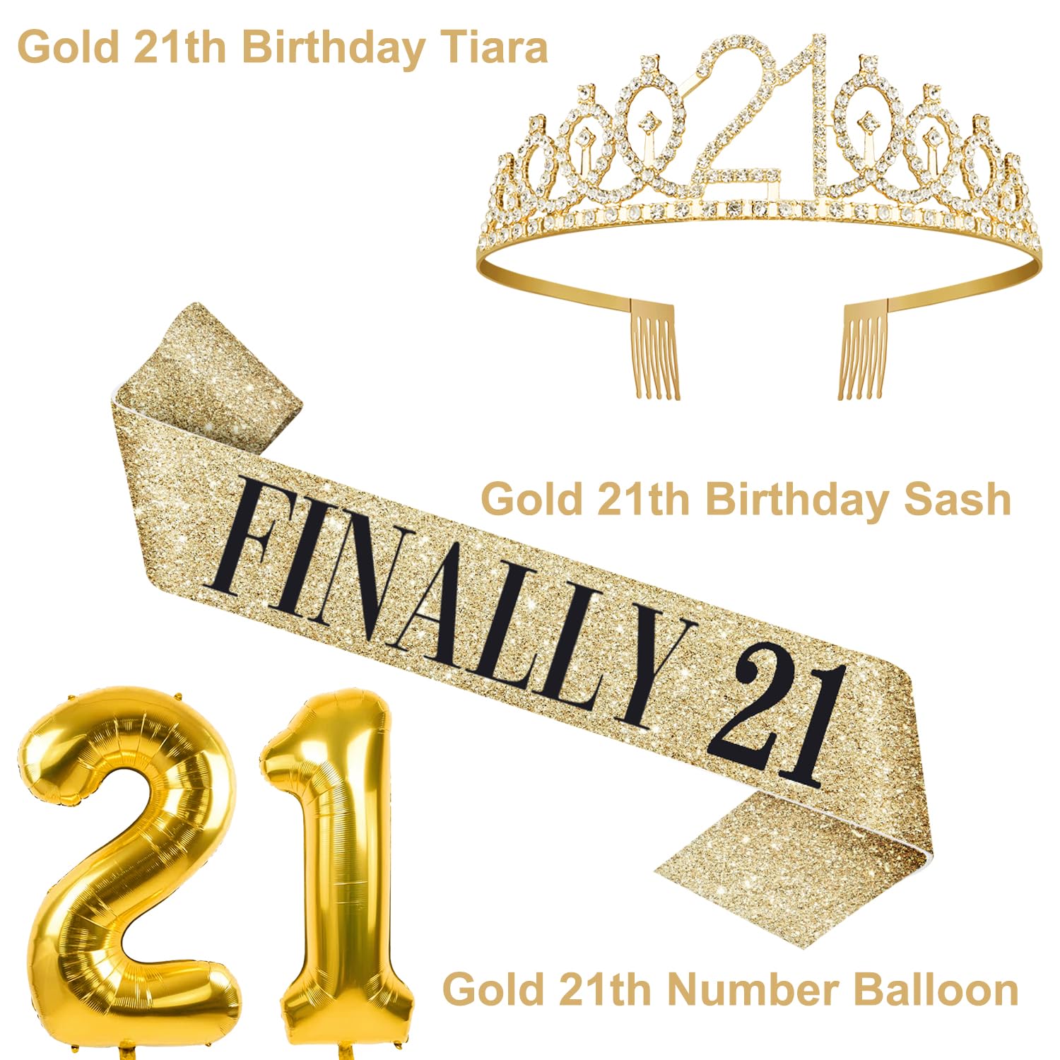 21st Birthday Decorations for Her Include 21st Birthday Tiara and Finally 21 Sash , 21st Birthday Cake Topper and 21 Birthday candles, Gold 21 Balloons, 21st Birthday Gifts for Her Set (Gold)