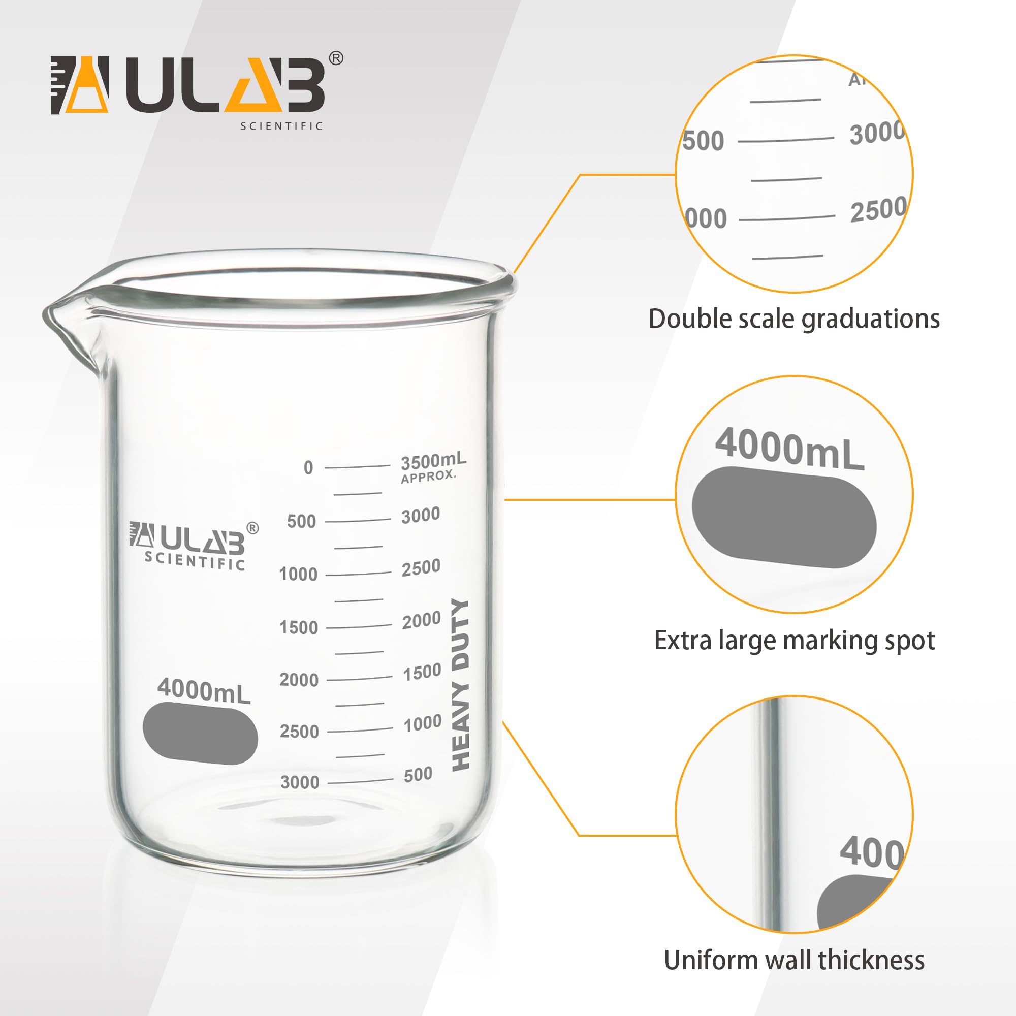 ULAB Heavy Duty Glass Beakers, Vol.4000ml (135oz), Borosilicate 3.3 Glass, Thick Wall Beakers, with Double Scale, Superior Durability & Chemical Resistance, UBG1067