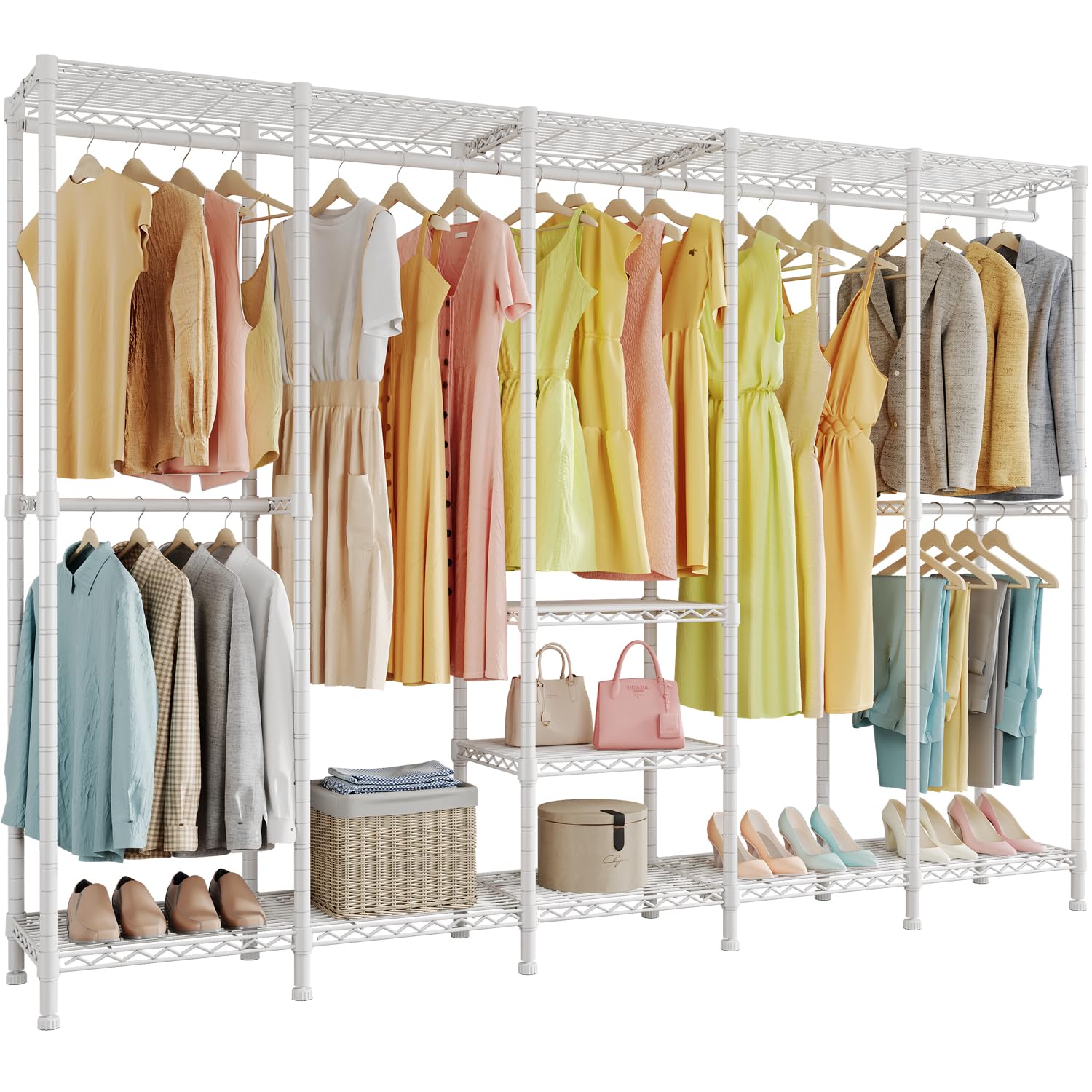 Higeego H5 Extra Large Heavy Duty Clothes Rack, Wire Garment Rack,Large Wardrobe Closet, Freestanding Closet Rack for Hanging Clothes, Clothing Rack with Adjustable Shelf, 93.3" Lx15.7 Wx75.4 H,White