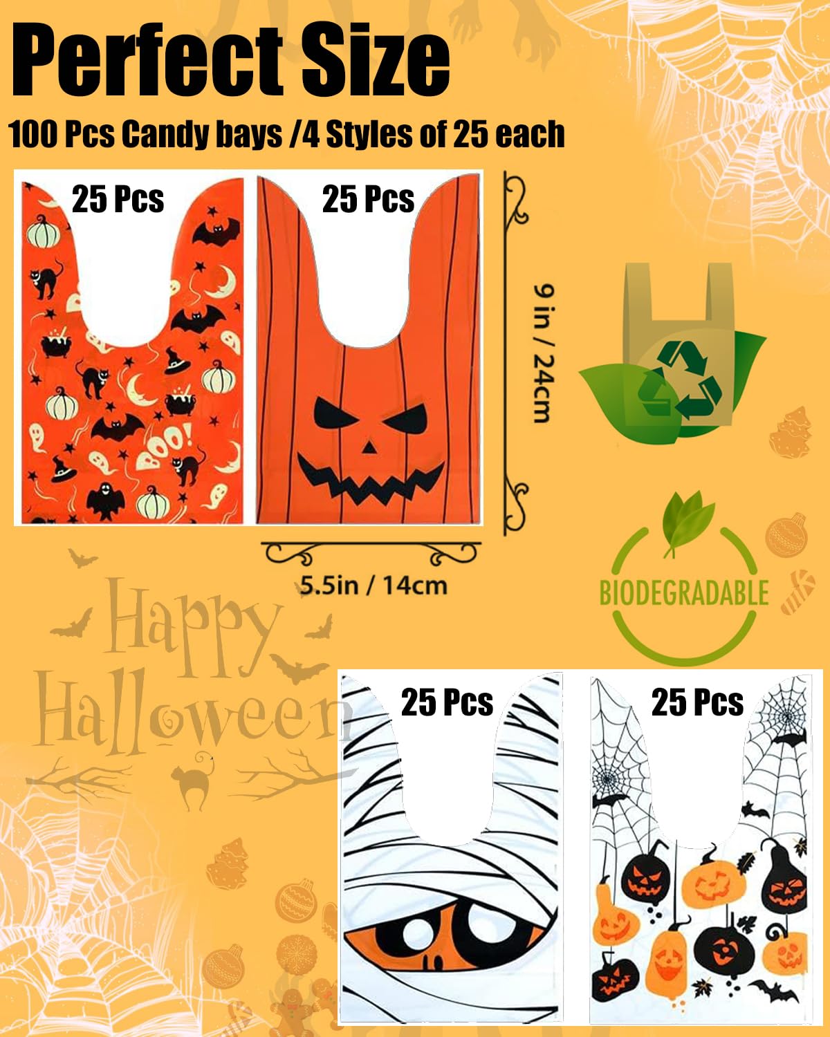 KOCOVIMI 100Pcs Halloween Trick or Treat Bags, 4 Style Patented Appearance Halloween Candy Bags for Kids, Cute Rabbit Ear Halloween Treat Bags Goody Bags Cookie Bags for Halloween Party