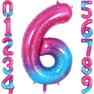 pink blue number 6 balloon, large foil helium gradient rainbow number balloons, big mylar number 6 balloons for 6 year old birthday party decorations supplies anniversary