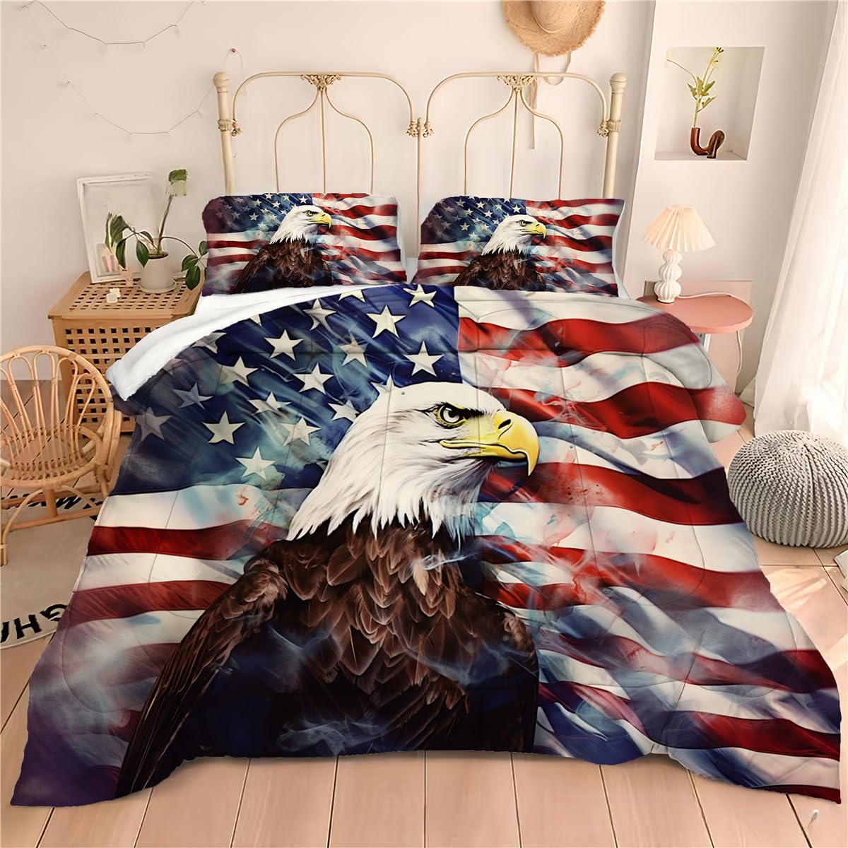 American Flag Comforter Sets Queen Size Bald Eagle Soft Microfiber Quilt Bedding Sets for Boys, Queen - 1 Comforter + 2 Pillowcases