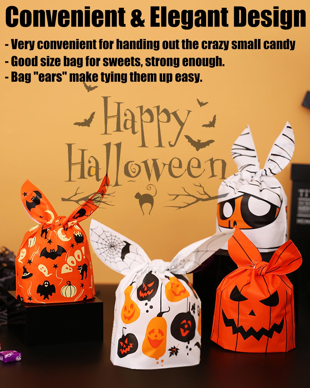 KOCOVIMI 100Pcs Halloween Trick or Treat Bags, 4 Style Patented Appearance Halloween Candy Bags for Kids, Cute Rabbit Ear Halloween Treat Bags Goody Bags Cookie Bags for Halloween Party