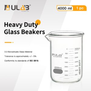 ULAB Heavy Duty Glass Beakers, Vol.4000ml (135oz), Borosilicate 3.3 Glass, Thick Wall Beakers, with Double Scale, Superior Durability & Chemical Resistance, UBG1067