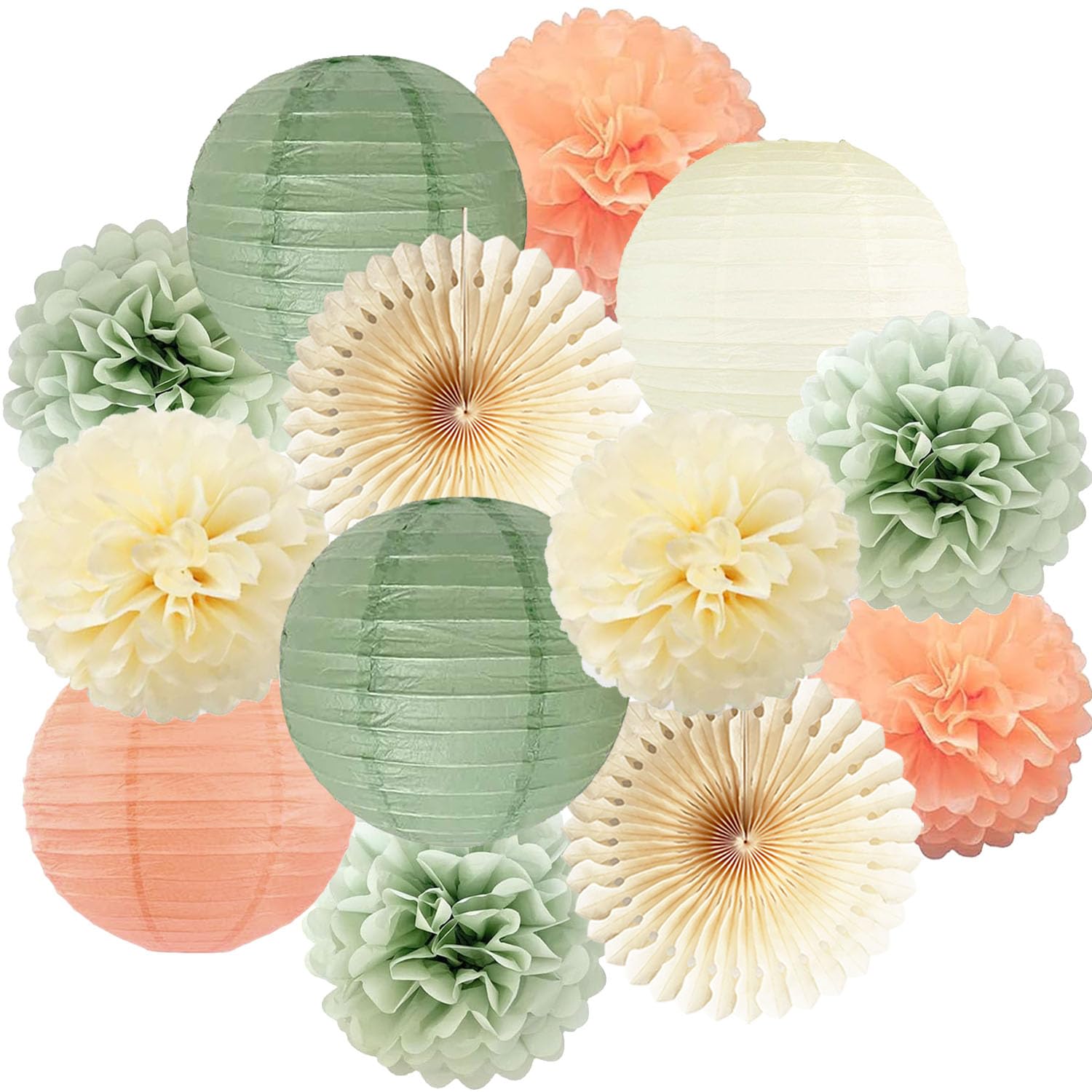 Sage Green Party Decorations Sage Cream Peach Tissue Paper Pom Poms Paper Lanterns Paper Fans for Neutral Birthday Baby Shower Bridal Shower Wedding Engagement Party Decoration